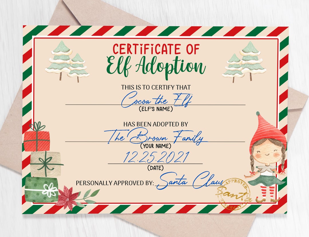 Adopt an Elf Certificate, Girl Elf Adoption Certificate, Christmas ...