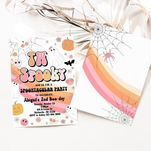 Editable Two Spooky Halloween Birthday Invitation Pink Retro Groovy ...