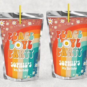 EDITABLE Groovy Juice Labels Rainbow Peace Love Party Juice Pouch ...