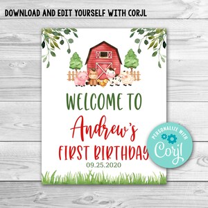 Editable Farm Birthday Welcome Sign. Farm Animals Welcome Sign. Red ...