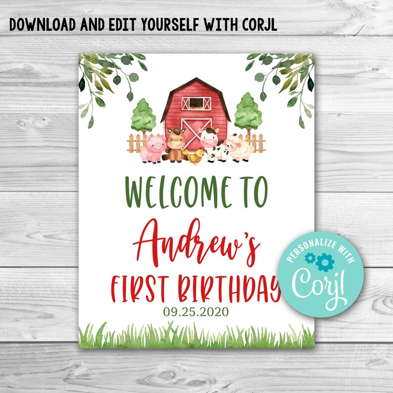 Editable Farm Birthday Welcome Sign. Farm Animals Welcome | Etsy