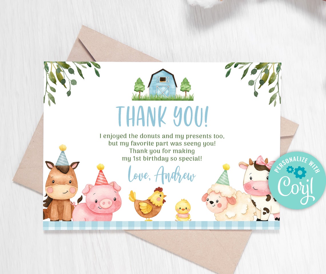 Editable Farm Thank You Card Blue Farm Birthday Party Thank You Farm ...