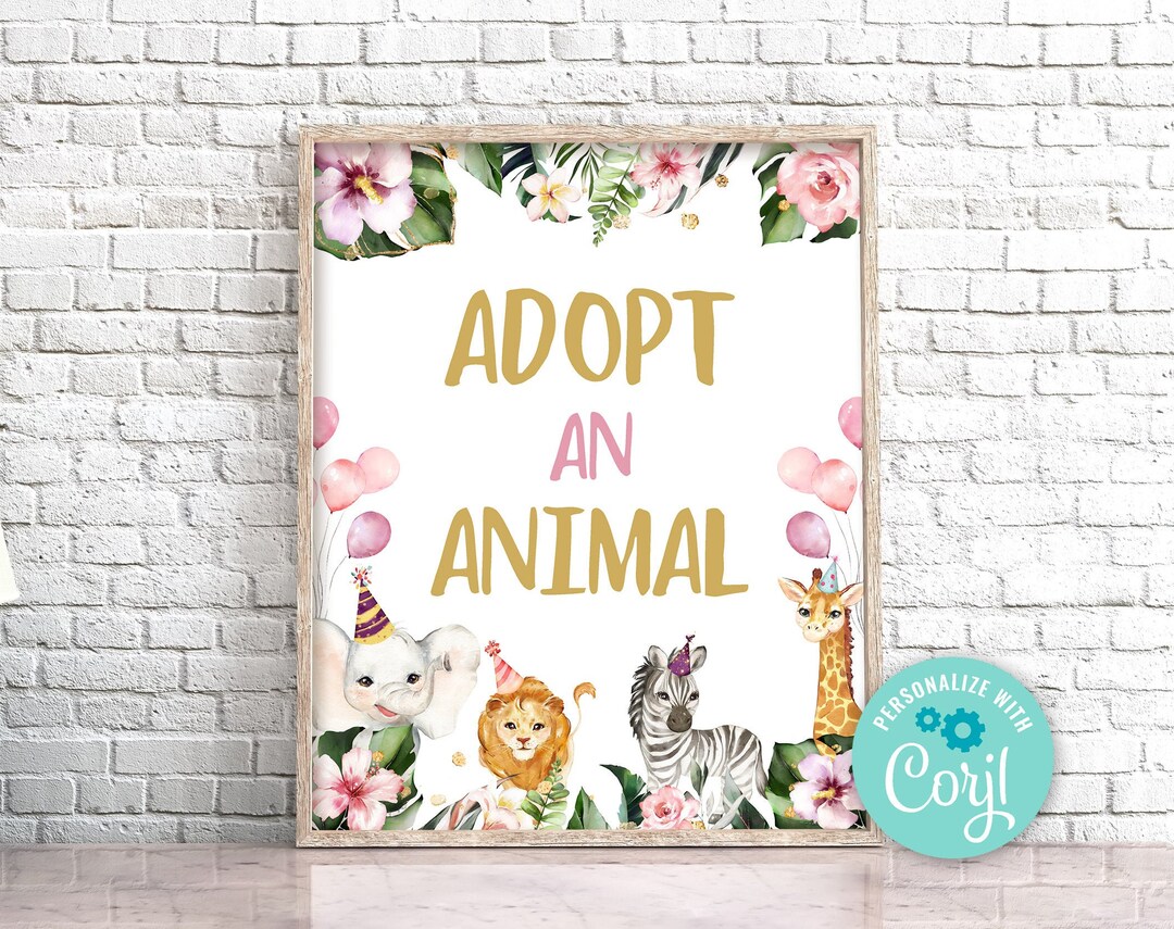 Adopt an Animal Birthday Sign Table Decor, Jungle Animals Table Sign ...