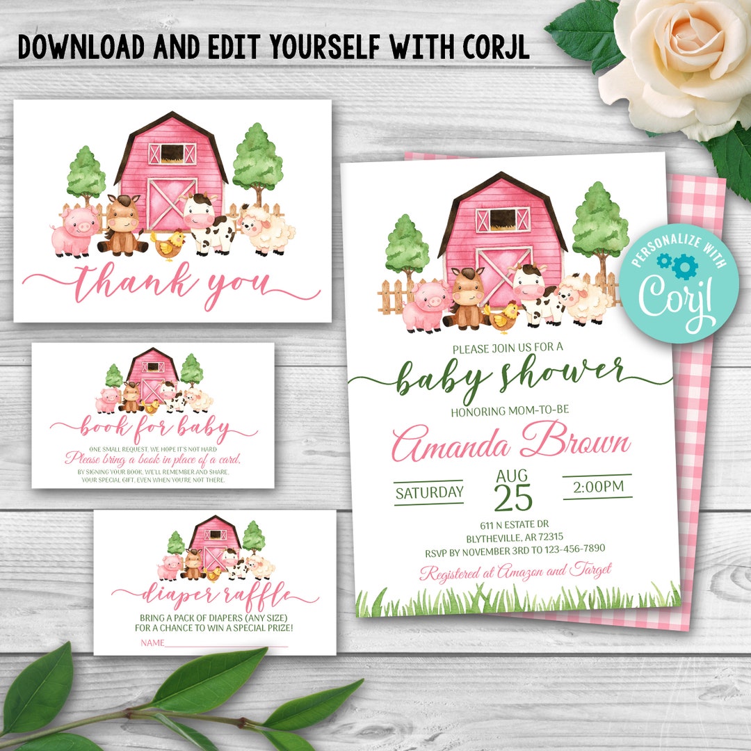 Editable Farm Animal Baby Shower Invitation Set, Pink Farm Baby Shower ...