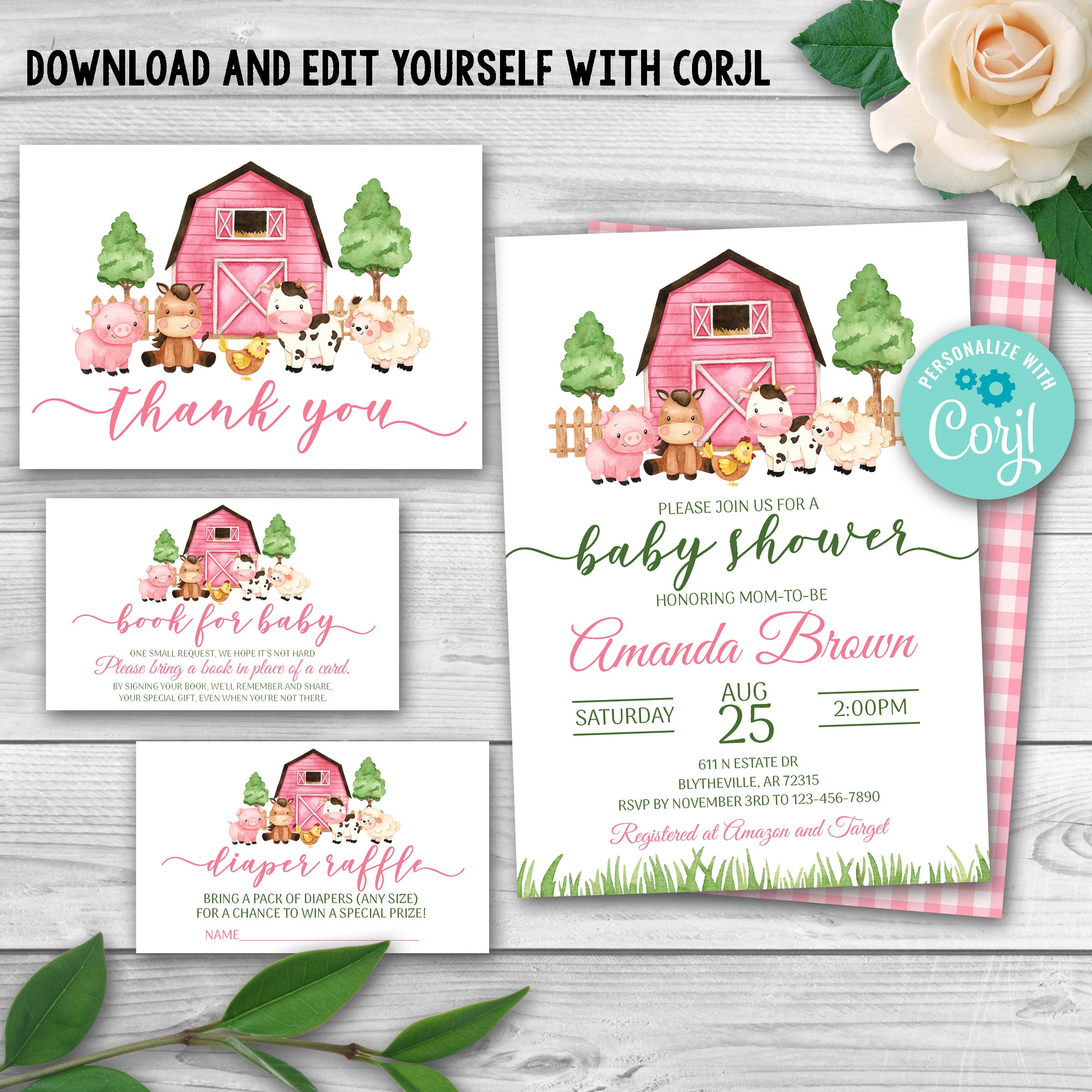 Editable Farm Animal Baby Shower Invitation Set, Pink Farm Baby Shower ...