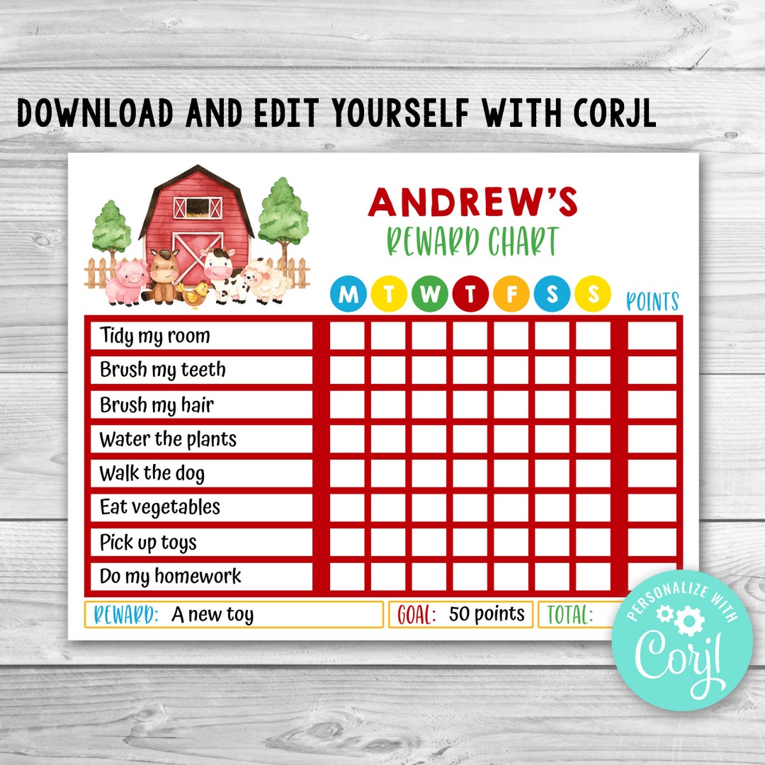 Editable Farm Animals Reward Chart for Kids, Boy Farm Routine Chart ...