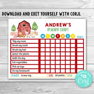 Editable Farm Animals Reward Chart for Kids, Boy Farm Routine Chart ...