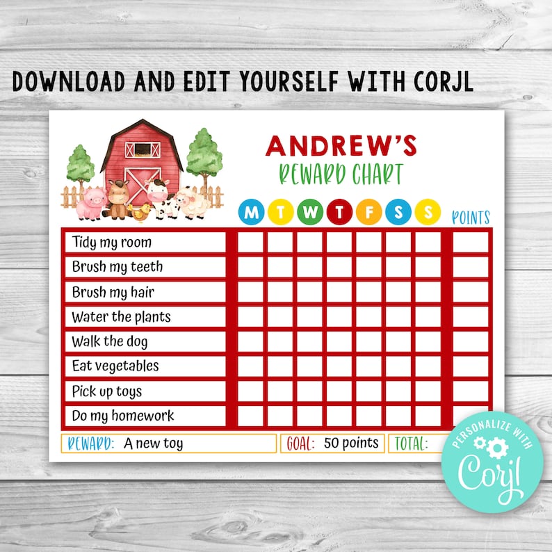 Editable Farm Animals Reward Chart for Kids Boy Farm Routine - Etsy