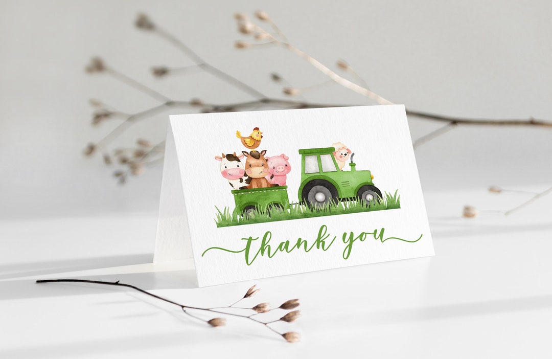 Editable Green Tractor Thank You Folded Card Green Tractor Baby Shower ...