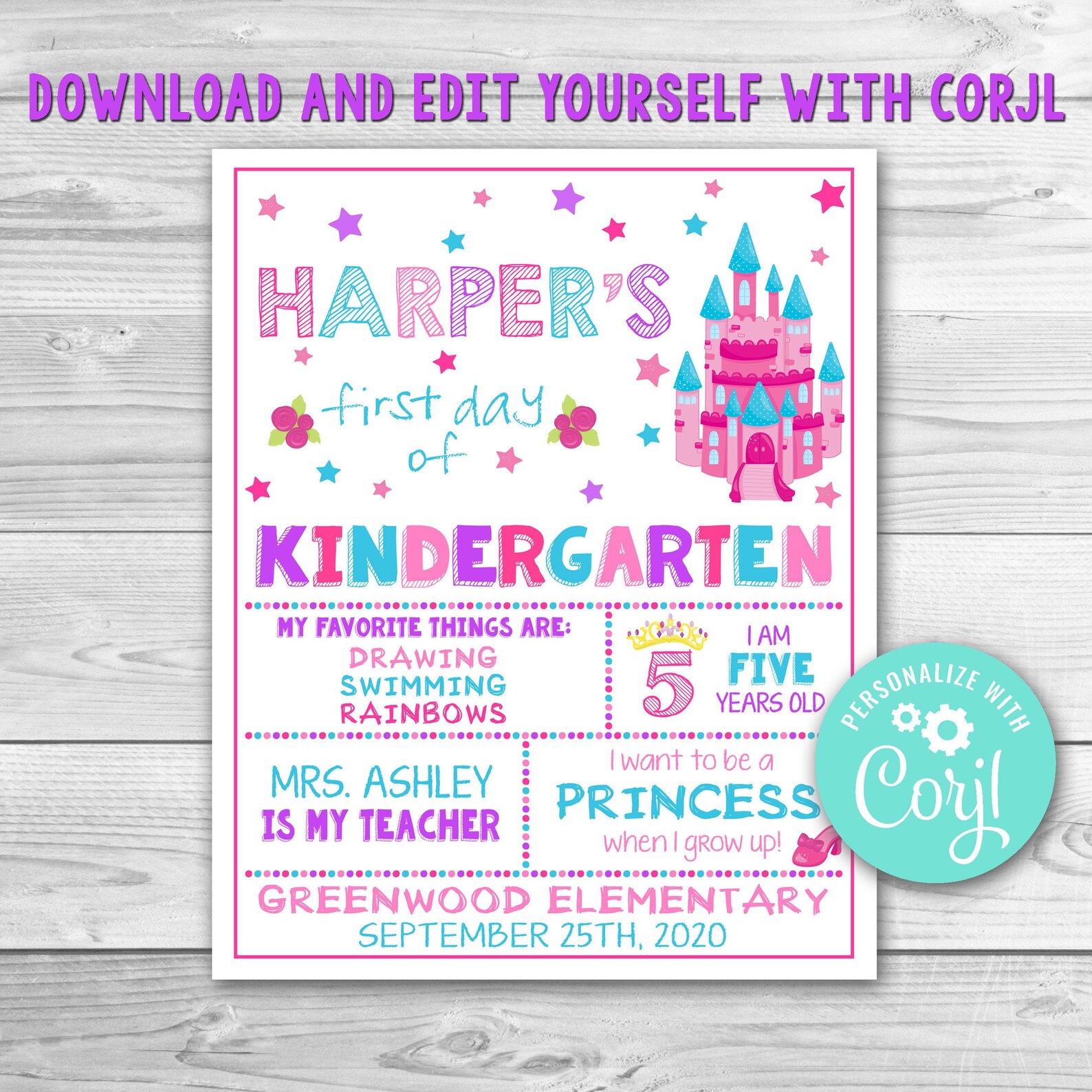 Editable First Day of Kindergarten Sign Princess First Day of | Etsy