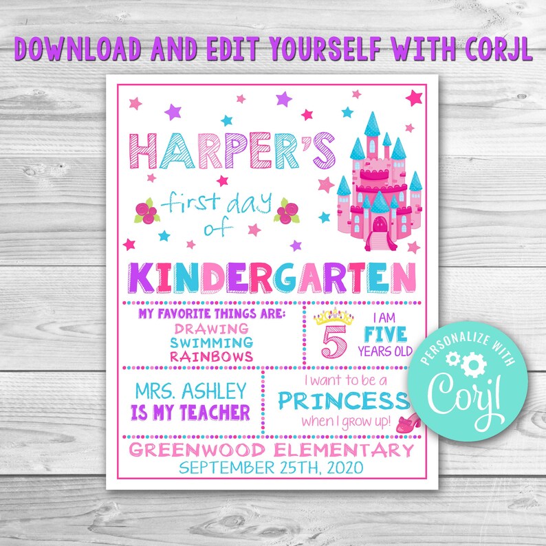 Editable First Day of Kindergarten Sign Princess First Day of | Etsy