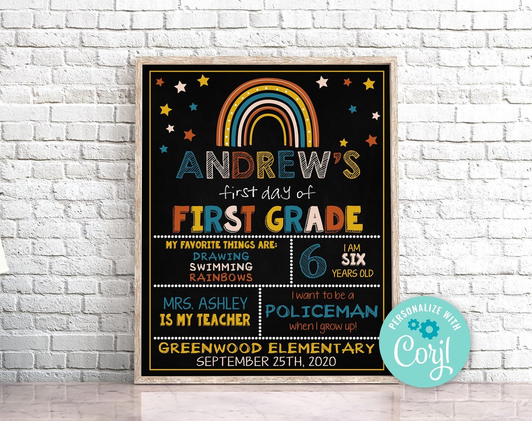 Editable First Day of 1st Grade Sign, Boho Rainbow First Day of First ...