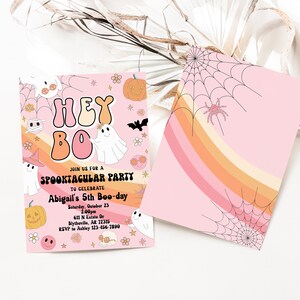 Editable Halloween Hey Boo Ghost Invitation Pink Retro Groovy Rainbow ...