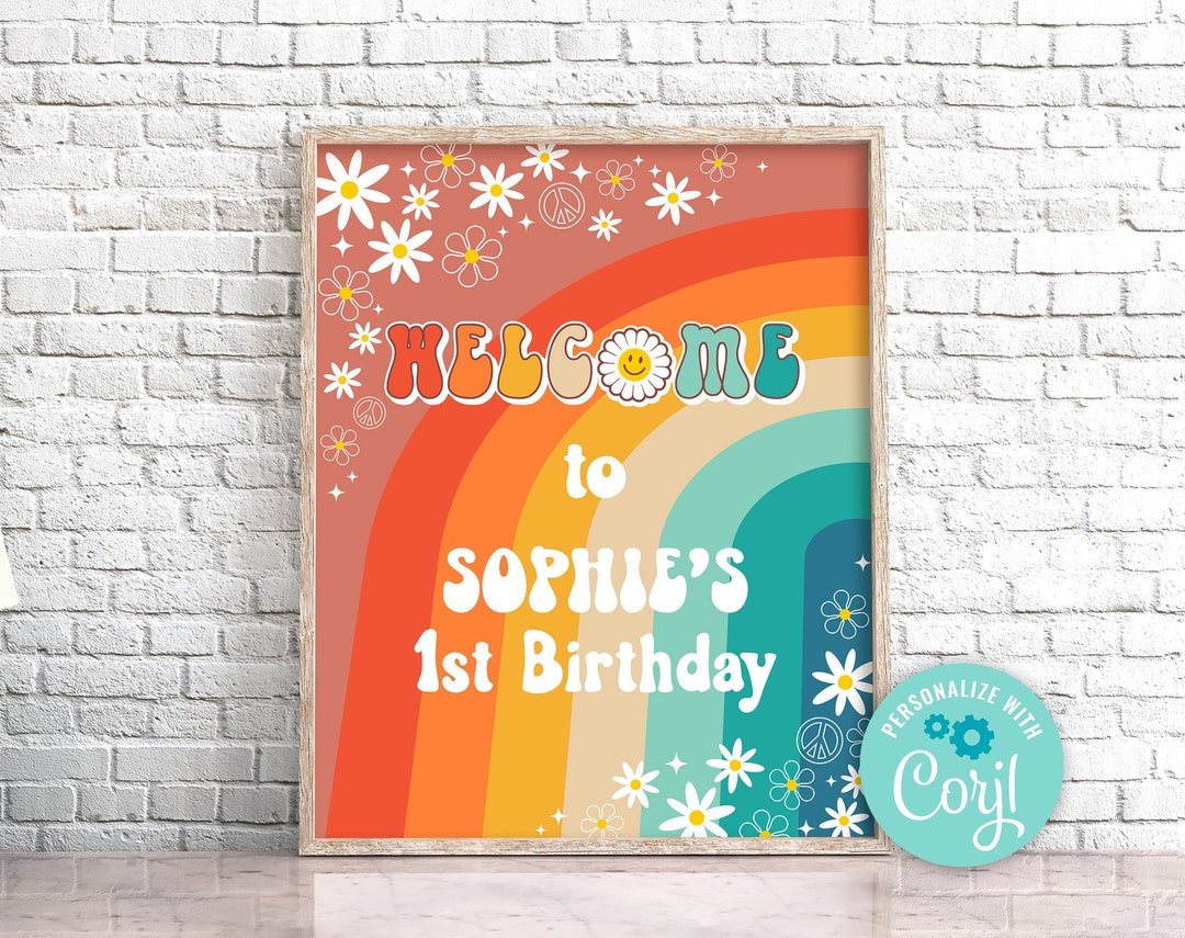 Editable Groovy Birthday Party Welcome Sign Daisy Hippie 70's Retro ...