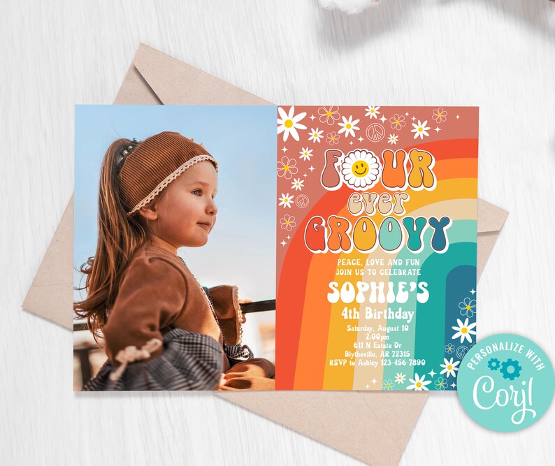 Editable Four Ever Groovy Birthday Party Invitation Daisy - Etsy