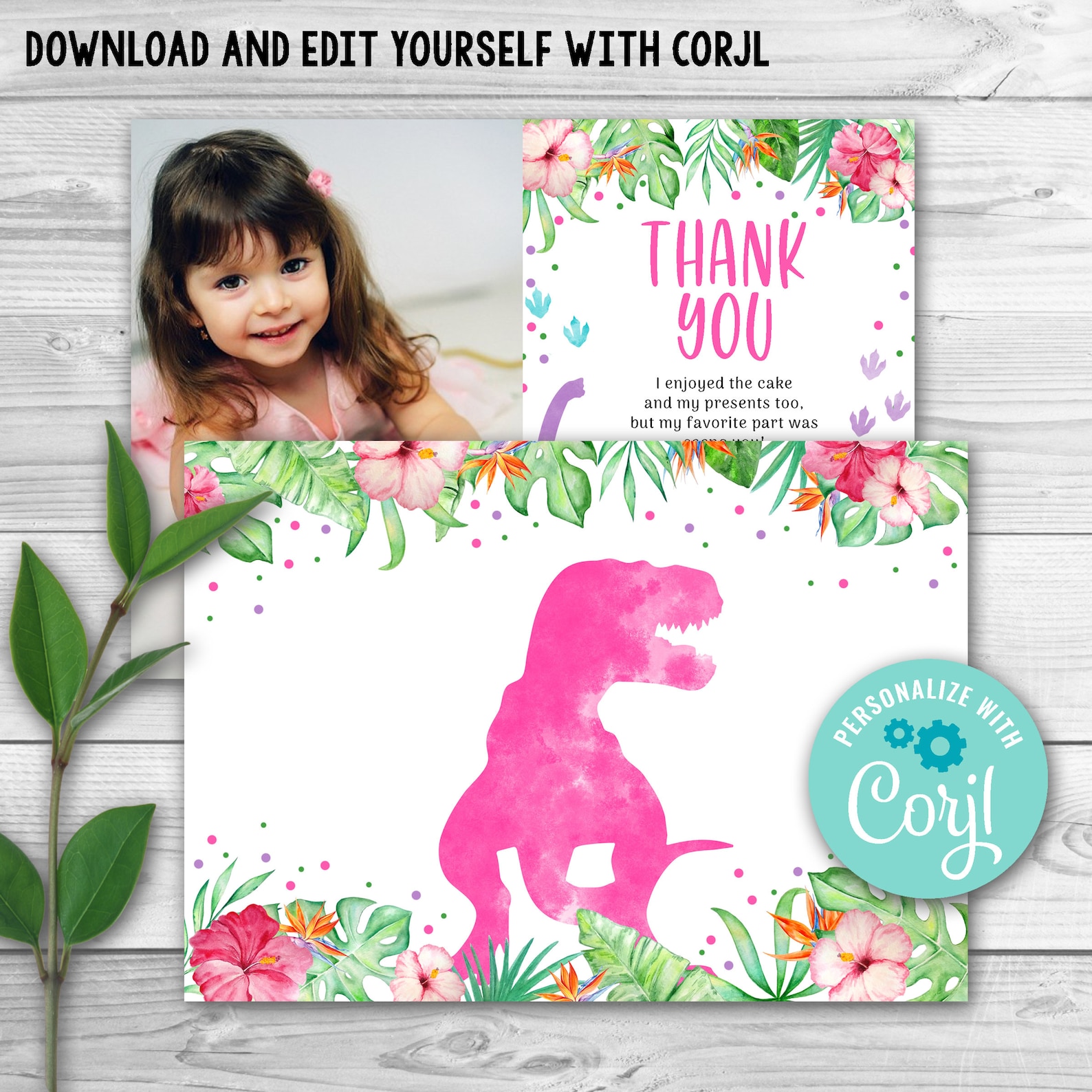 EDITABLE Watercolor Dinosaur Thank You Card Girl Dinosaur Birthday ...