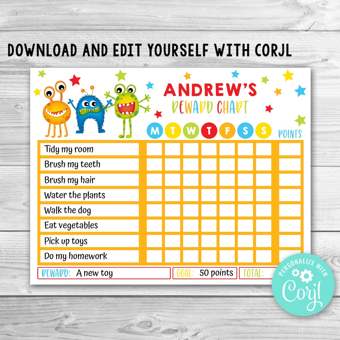 Editable Monster Reward Chart for Kids, Monster Routine Chart, Monsters ...