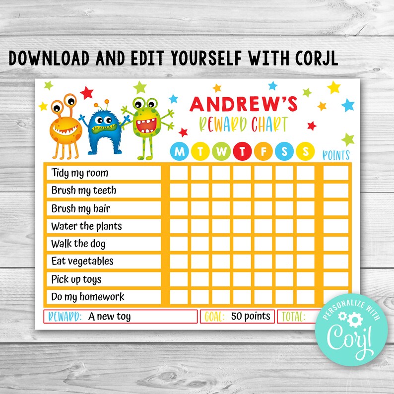 Editable Monster Reward Chart for Kids Monster Routine Chart - Etsy