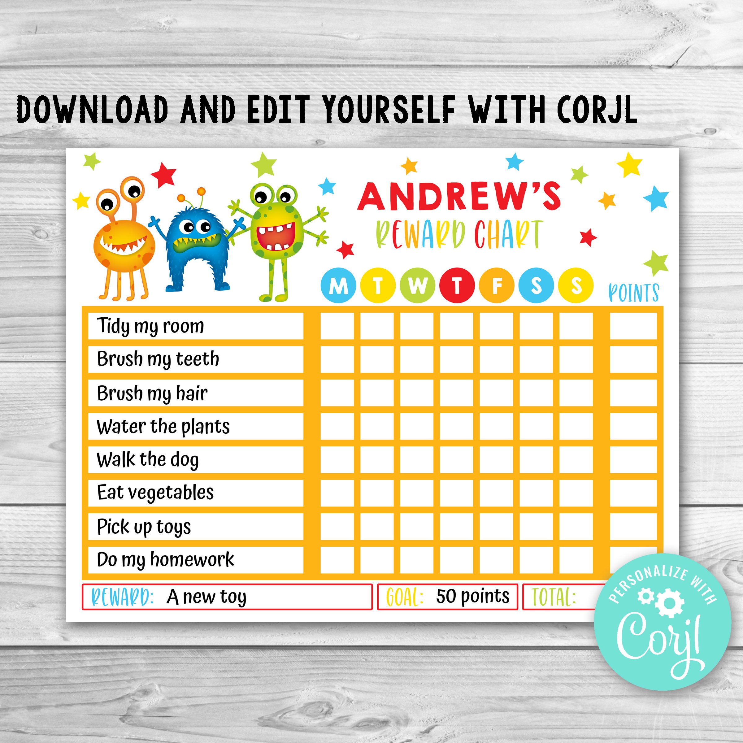 Editable Monster Reward Chart for Kids, Monster Routine Chart, Monsters ...