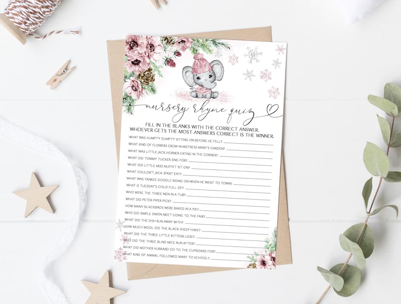 Winter Elephant Nursery Rhyme Quiz Baby Shower Game Girl - Etsy