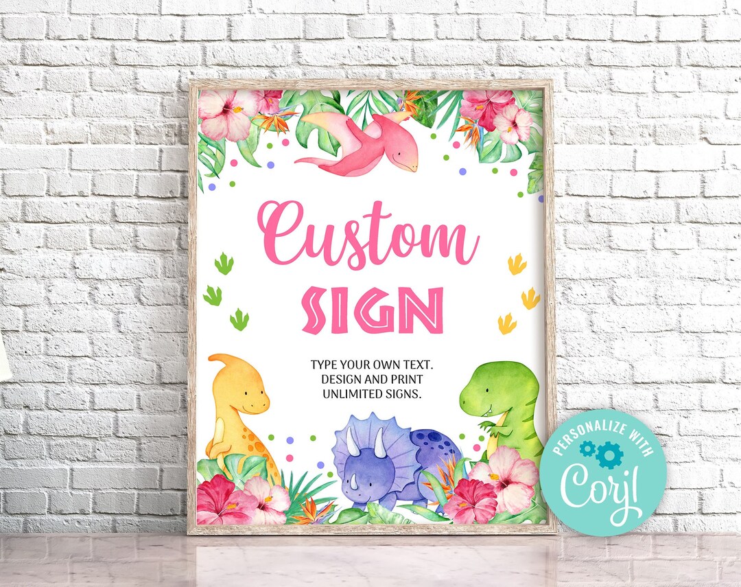EDITABLE Dinosaur Birthday Table Sign Pink Dinosaur Sign Custom Safari ...