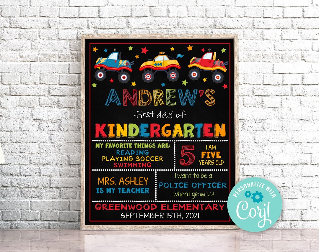 Editable First Day of Kindergarten Sign, Monster Truck First Day of ...