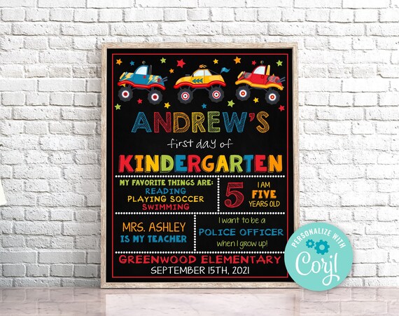 Editable First Day of Kindergarten Sign Monster Truck First - Etsy