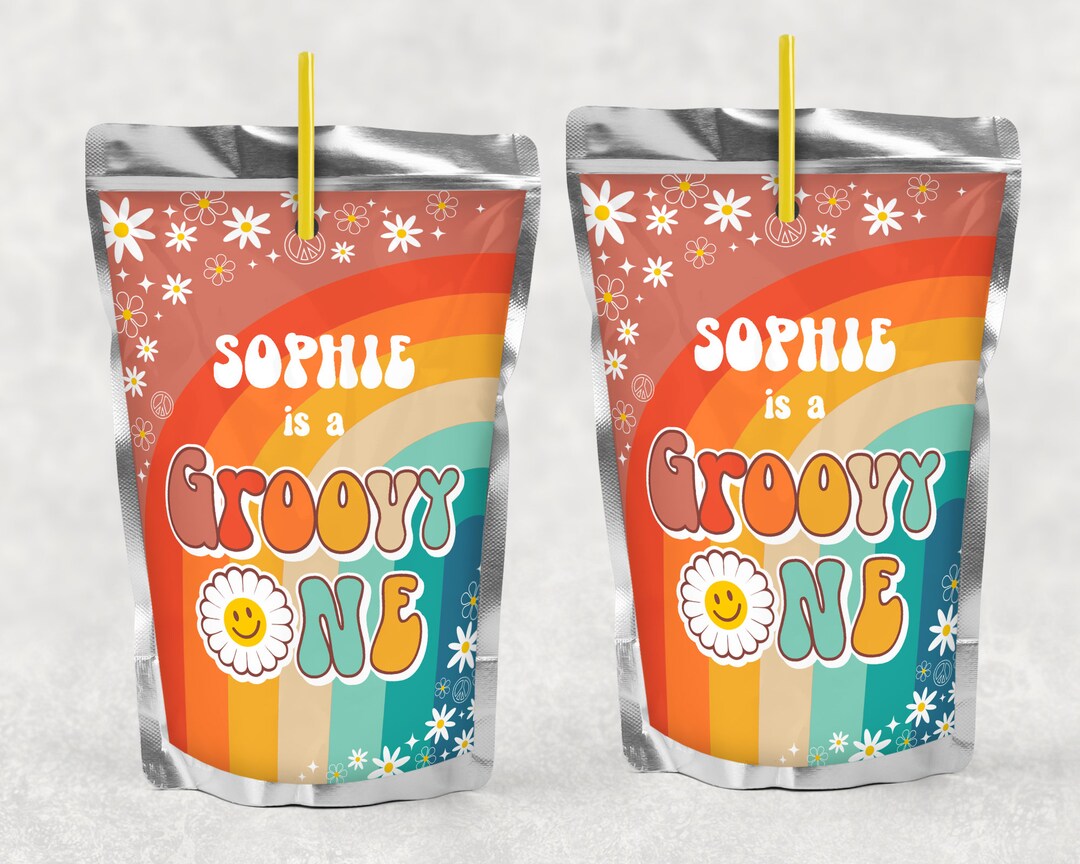 EDITABLE Groovy One Juice Labels Rainbow Peace Love Party Juice Pouch ...