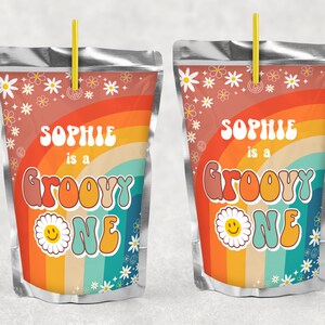 EDITABLE Groovy One Juice Labels Rainbow Peace Love Party Juice Pouch ...
