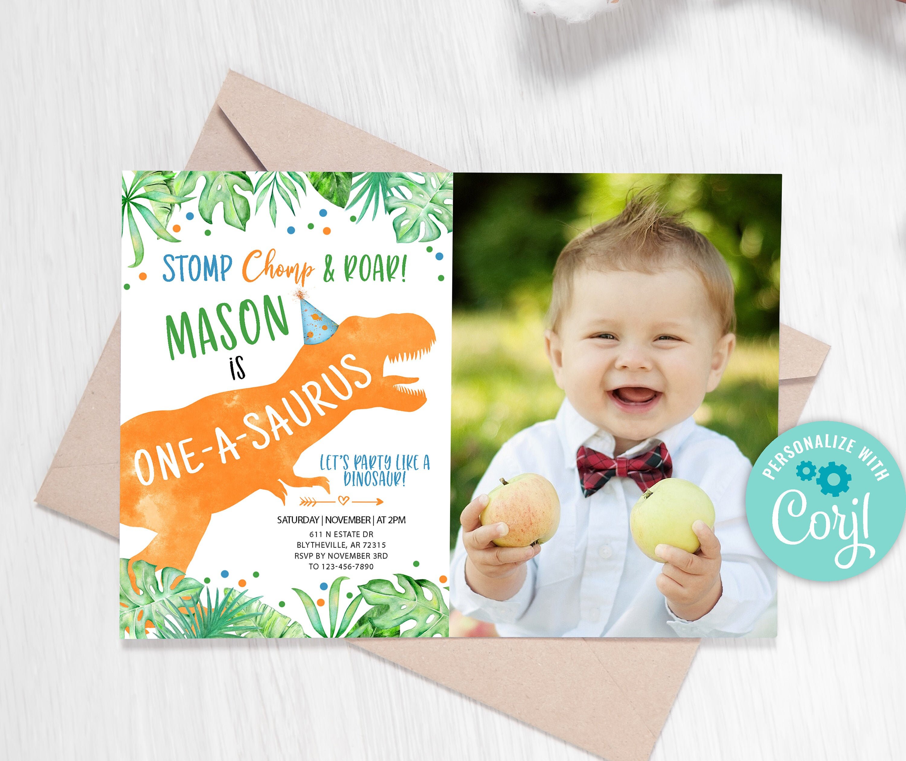 EDITABLE One-a-saurus Dinosaur Birthday Invitation Blue Dino - Etsy