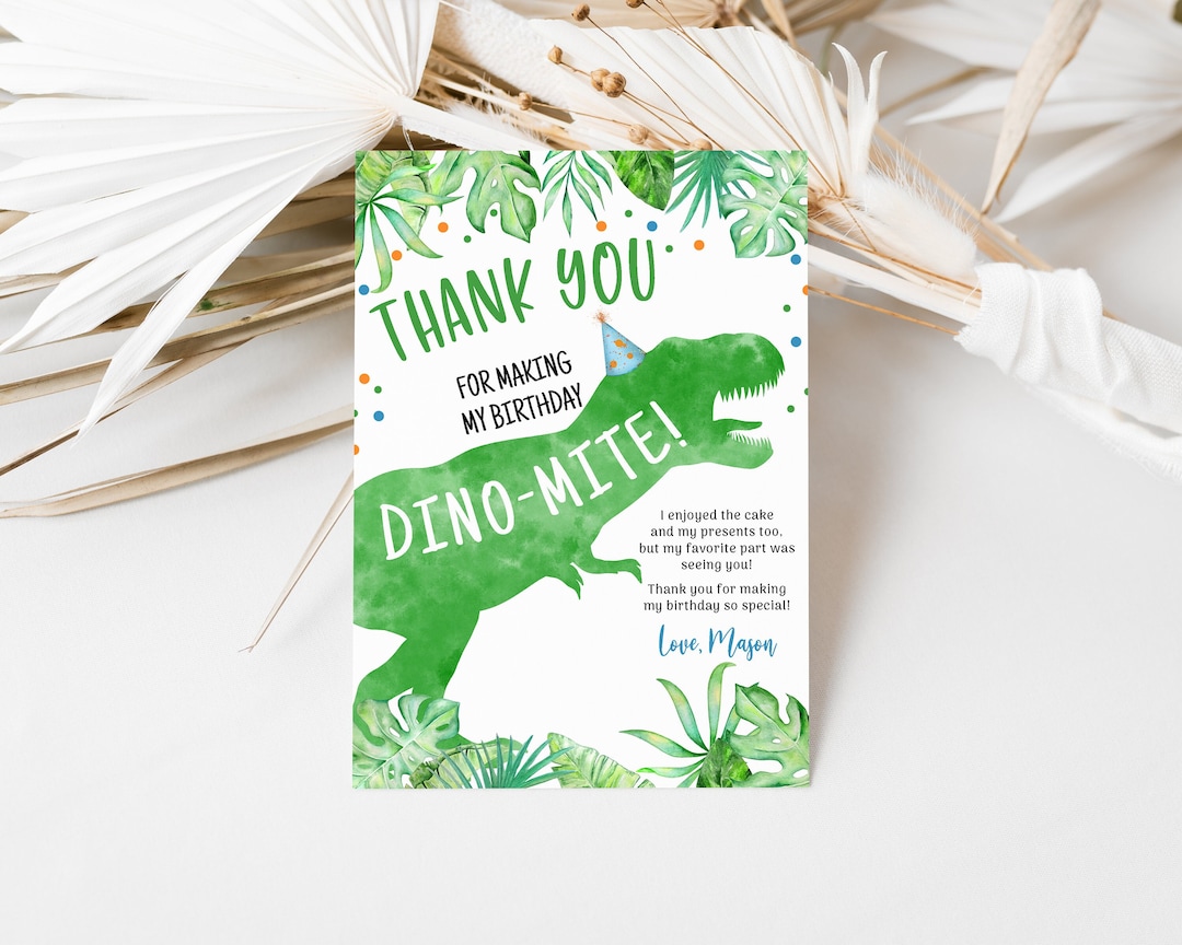 EDITABLE Watercolor Dinosaur Thank You Card Green Dinosaur Birthday ...
