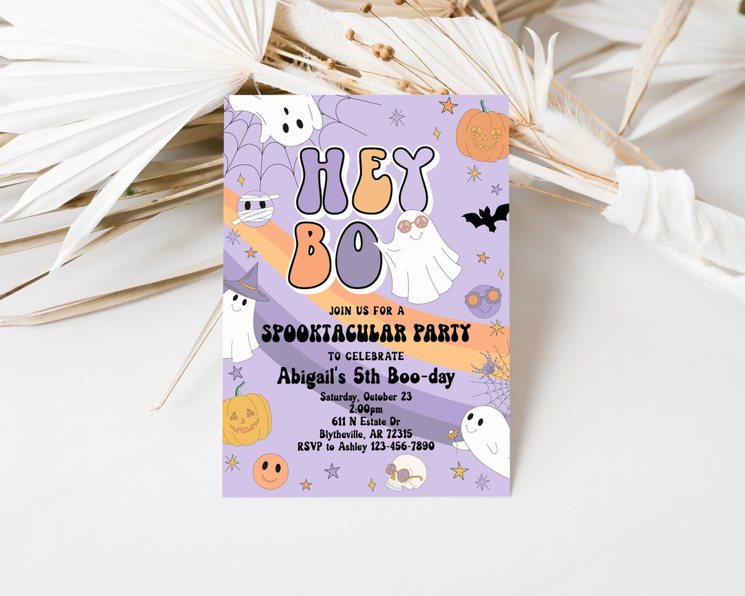 Editable Halloween Hey Boo Ghost Invitation Purple Retro Groovy Rainbow ...