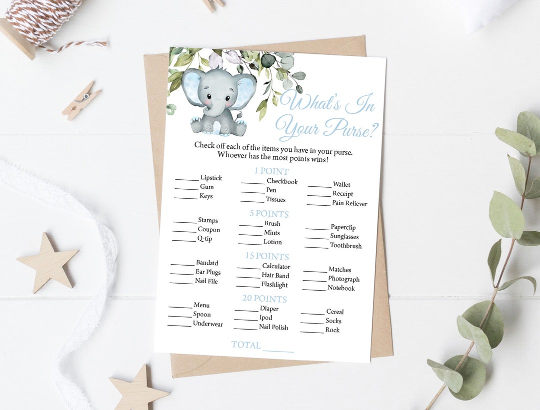 Blue Elephant What's in Your Purse Baby Shower Game Boy Elephant Baby ...