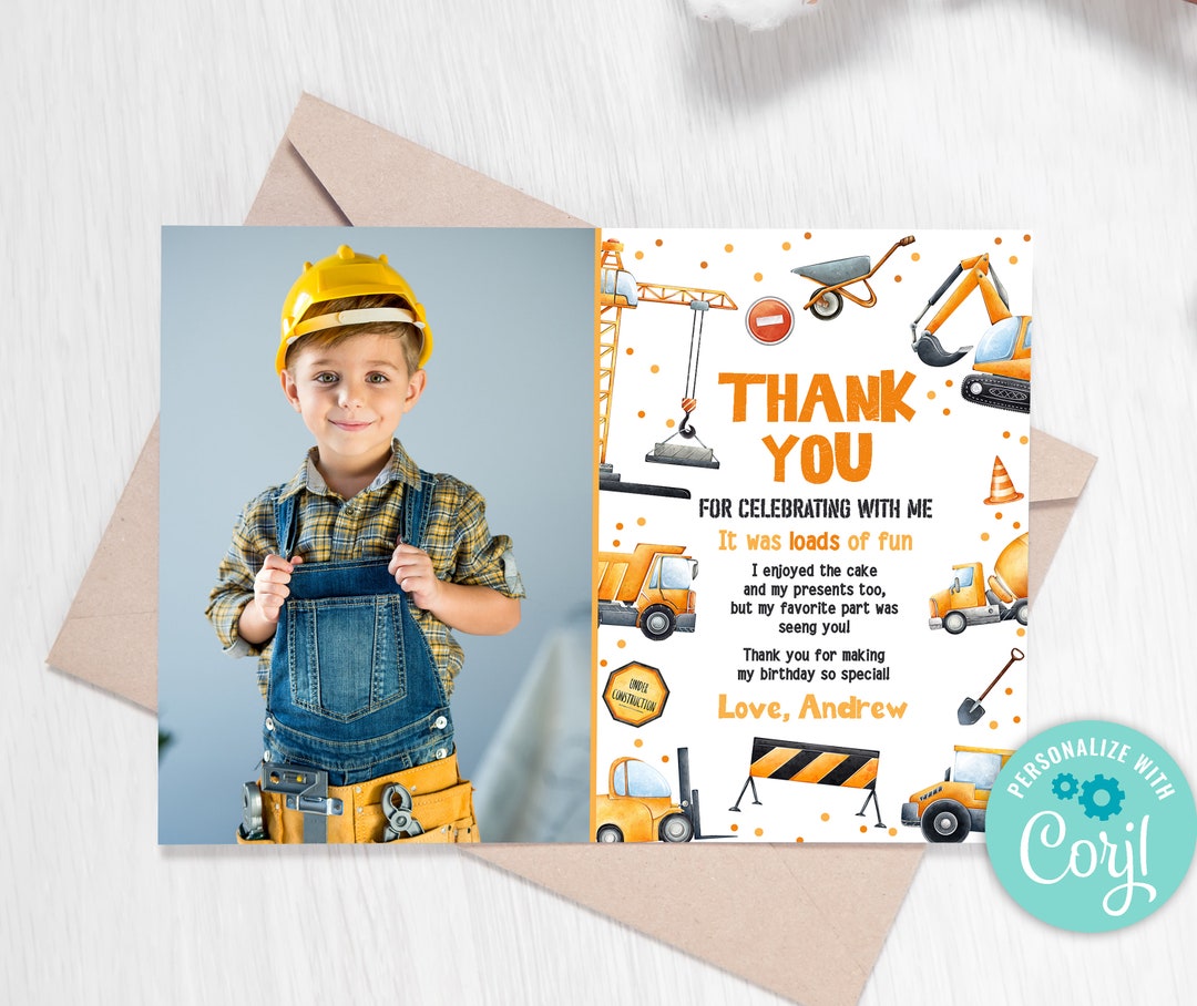 Editable Construction Thank You Card Dump Truck Birthday Party Thank ...