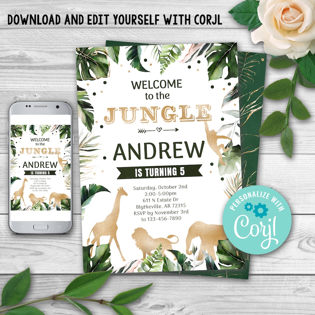 EDITABLE Safari Party Invitation, Gold WILD Animal Invitations, Jungle ...