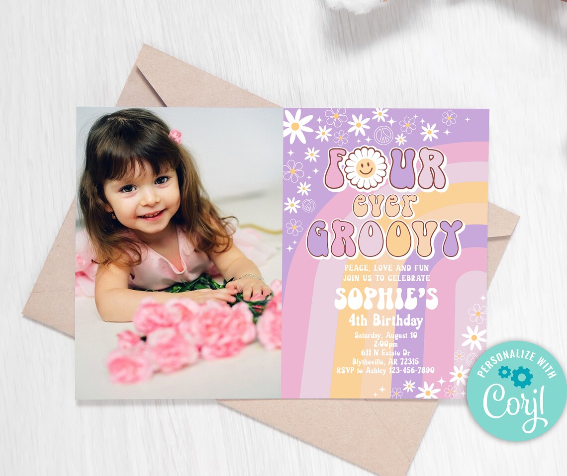 Editable Four Ever Groovy Birthday Party Invitation Daisy - Etsy