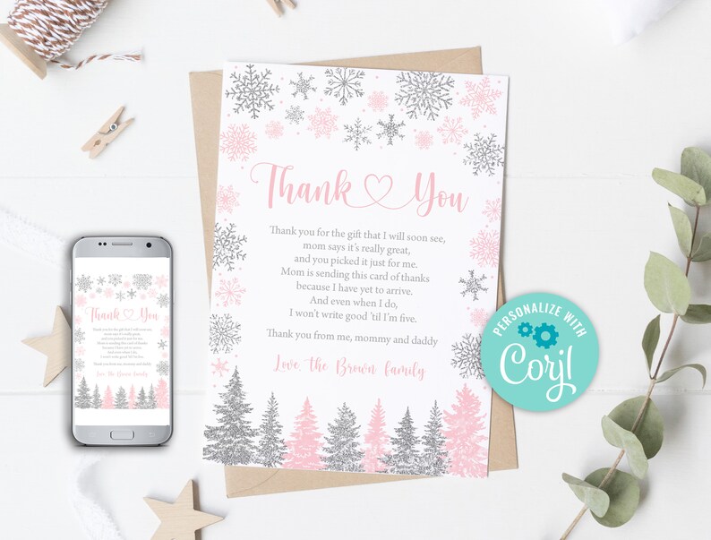 Editable Snowflake Thank You Card Winter Baby Shower Thank You Pink ...