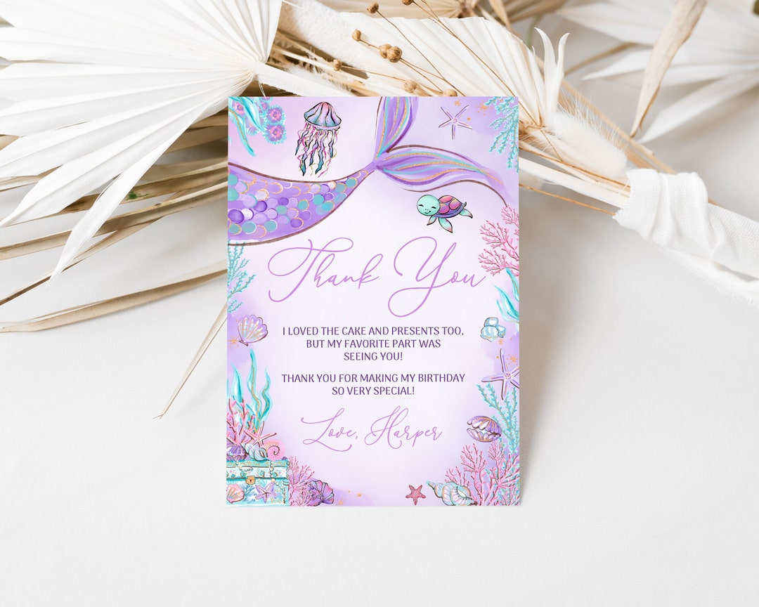 Editable Mermaid Thank You Card Mermaid Under the Sea Pool Party Thank ...