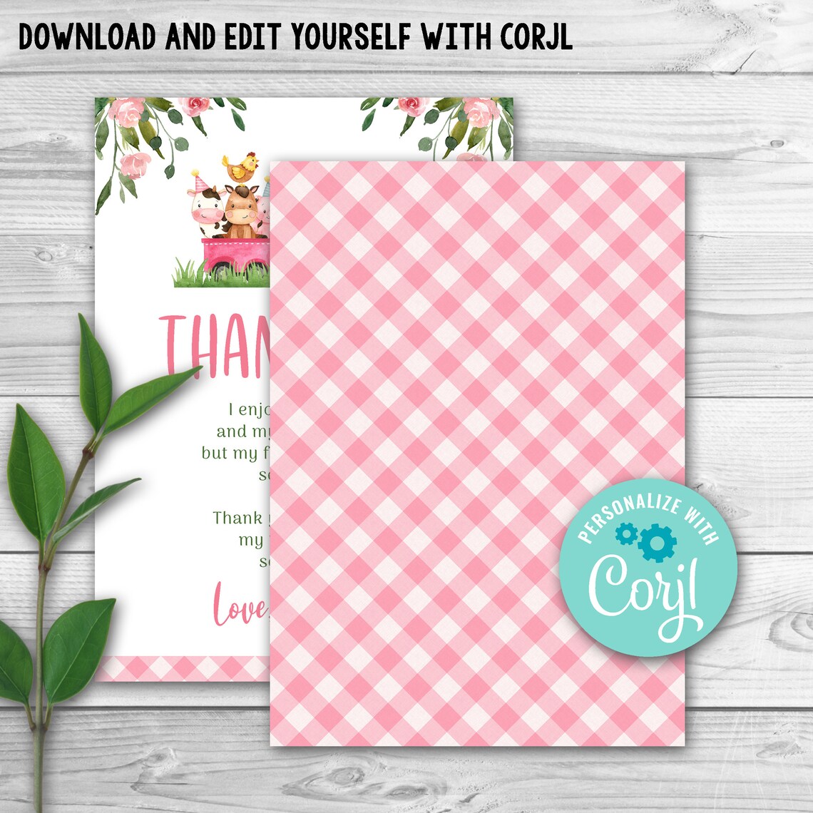 Editable Farm Thank You Card, Pink Farm Birthday Party Thank You, Farm ...