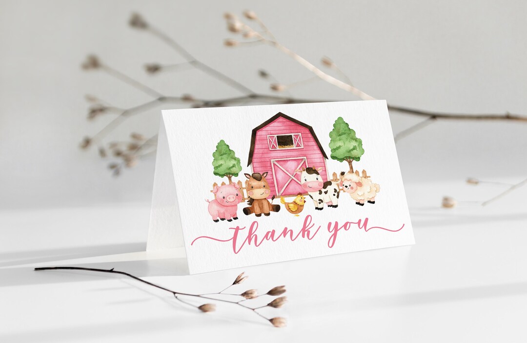 Editable Farm Thank You Folded Card Pink Farm Baby Shower Thank You ...