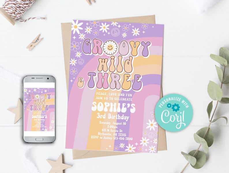 Editable Groovy Wild & Three Birthday Party Invitation Daisy - Etsy