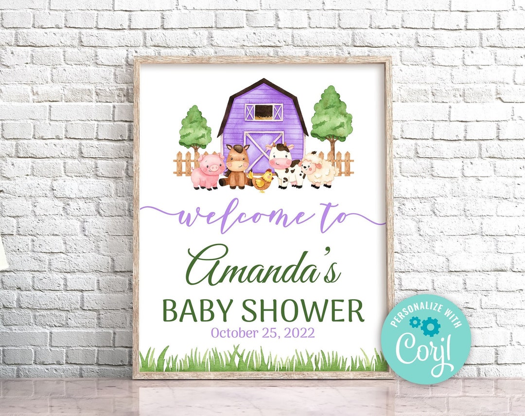 Editable Farm Baby Shower Welcome Sign Lilac Farm Animals Welcome Sign ...