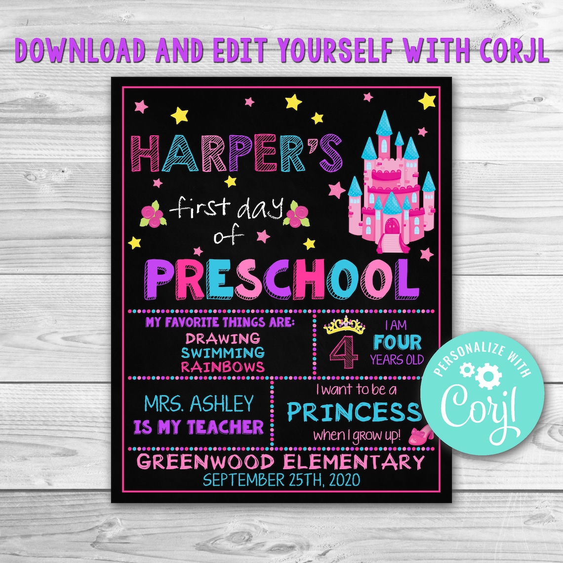 Editable First Day of Preschool Sign Princess First Day of | Etsy