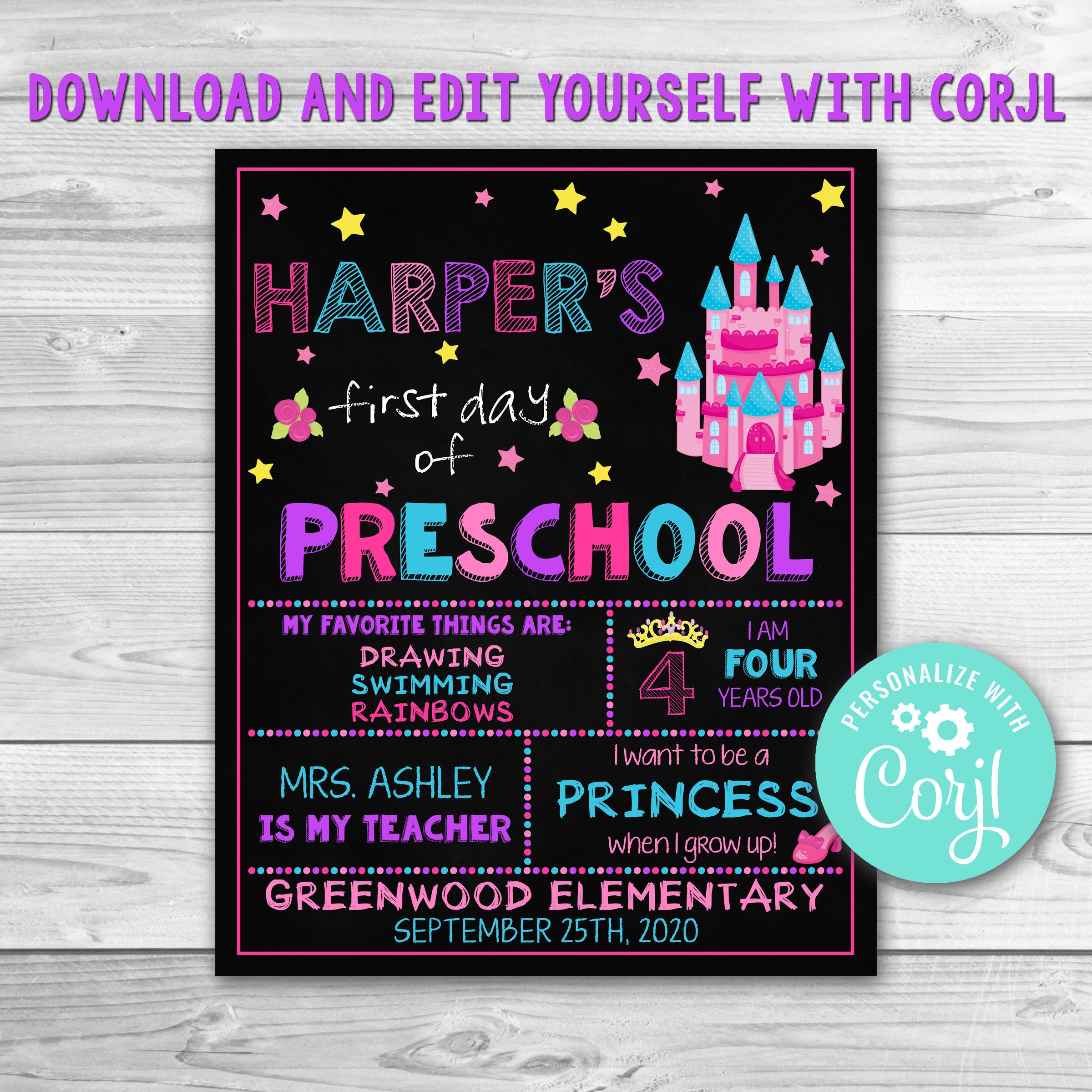 Editable First Day of Preschool Sign, Princess First Day of School Sign ...