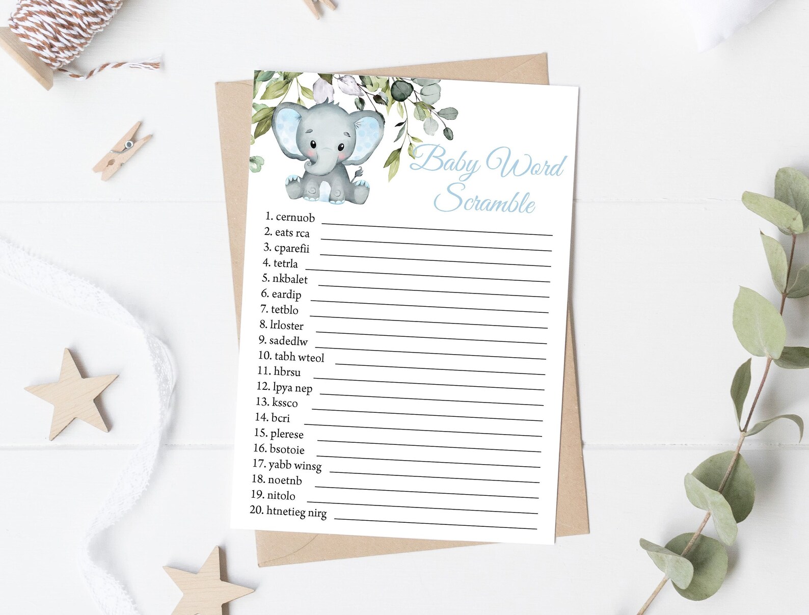 Blue Elephant Word Scramble Baby Shower Game Boy Elephant Baby Shower ...