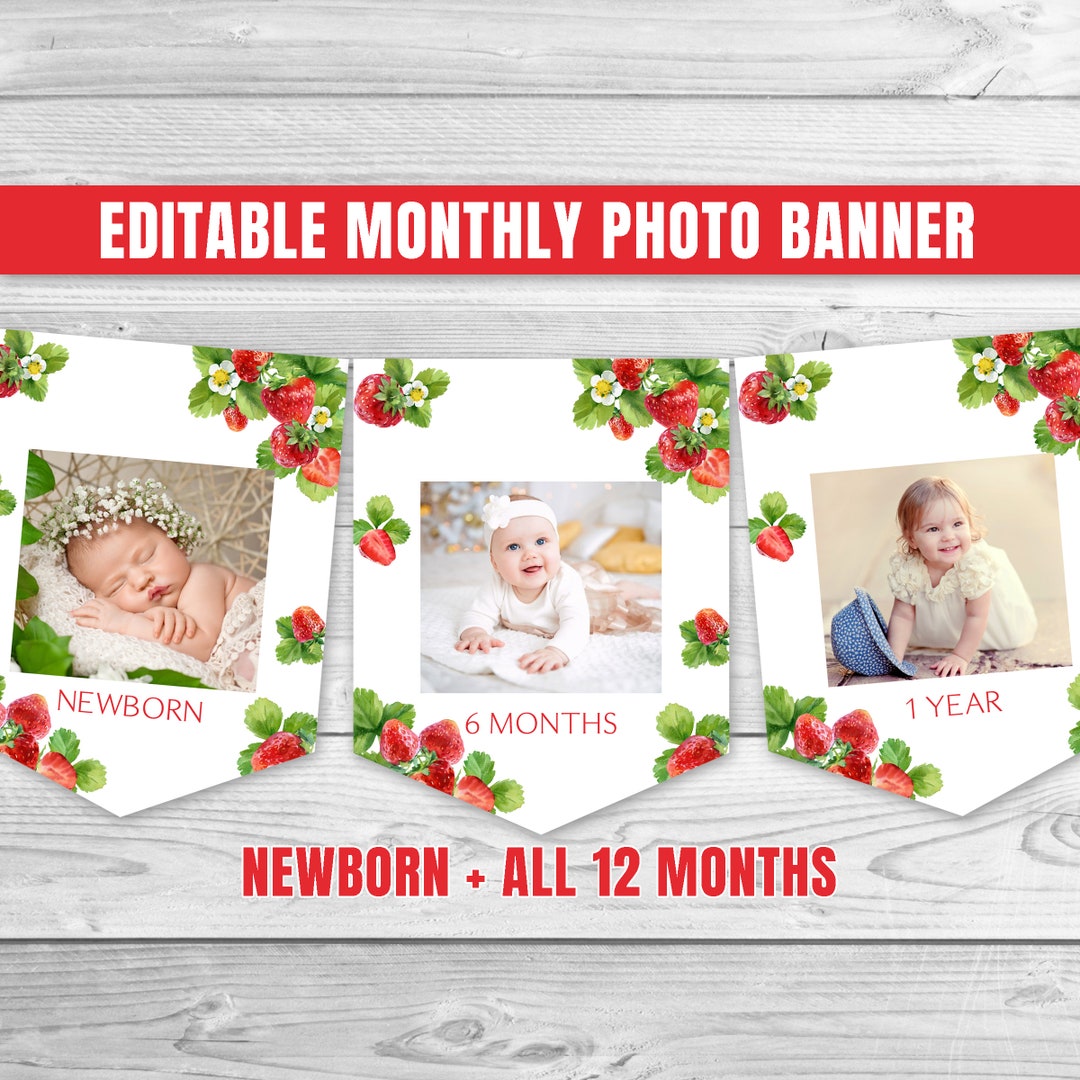 Editable Strawberry Birthday Monthly Photo Banner Berry Sweet 1st ...