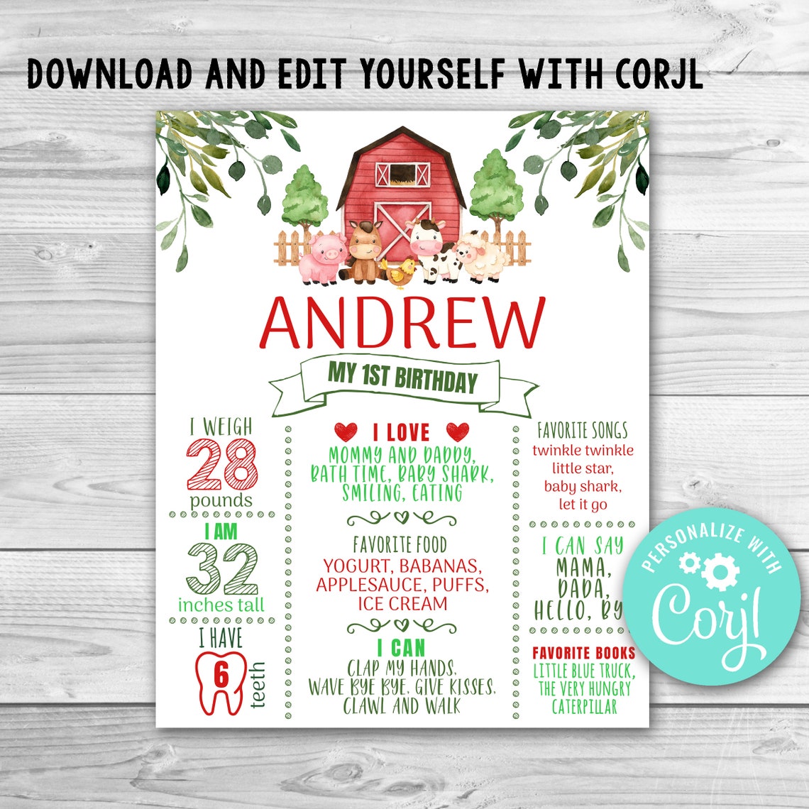 Editable Farm Milestone Birthday Poster, Boy Farm Animals First ...