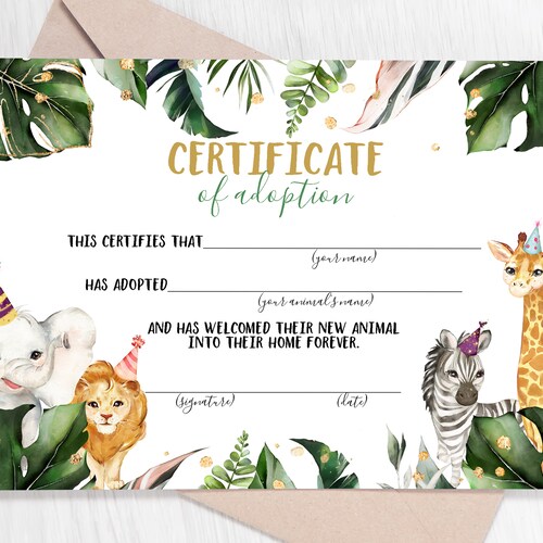 Jungle Safari Adopt an Animal Adoption Certificate Jungle - Etsy
