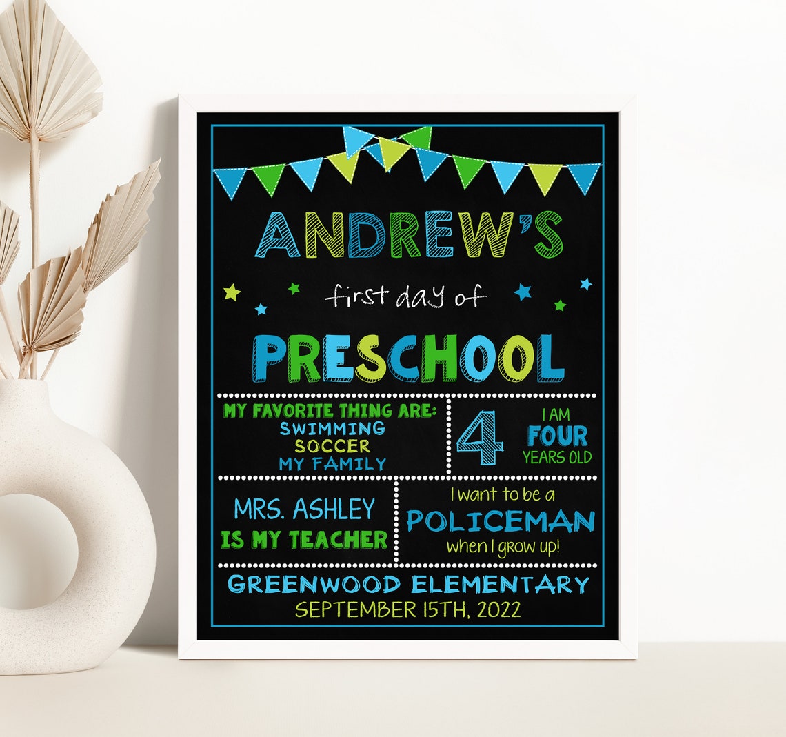 Editable First Day of Preschool Sign Blue Green First Day of - Etsy