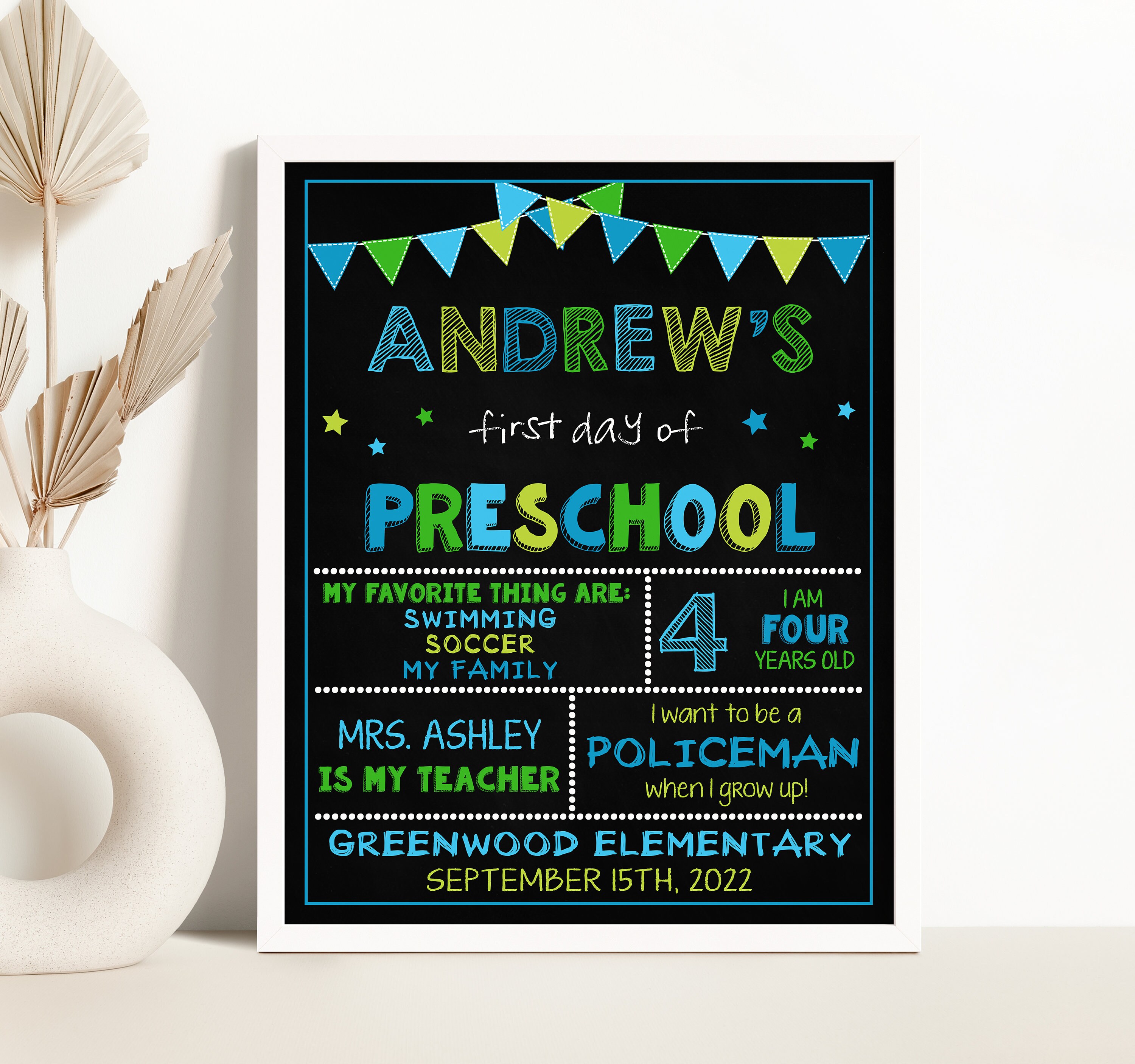 Editable First Day of Preschool Sign Blue Green First Day of School ...